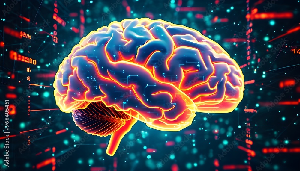 Digital brain artwork fused with glowing elements and networking ...