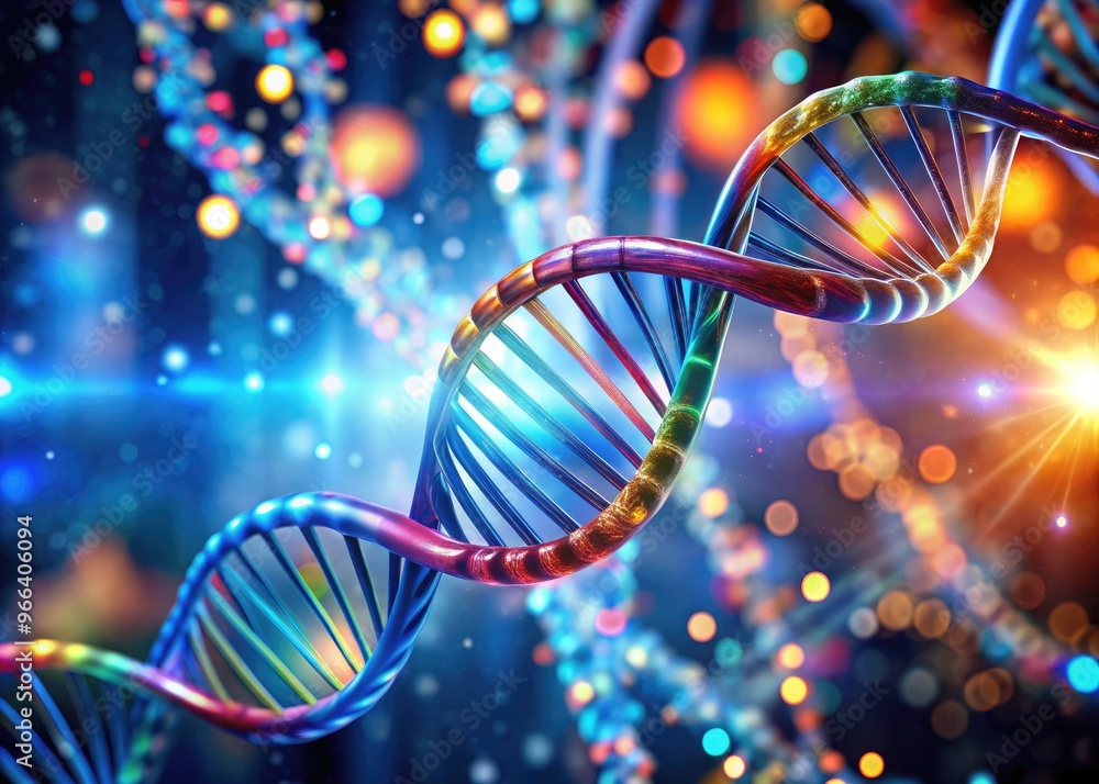 Colorful double helix DNA molecule against a blurred background of ...