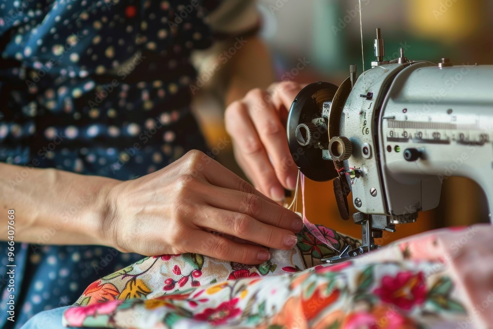 Seamstress sews clothes using a sewing machine. Tailoring process Seamstress sews clothes using ...