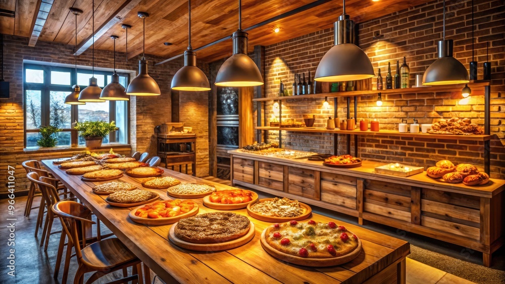 Cozy modern pizzeria interior featuring rustic wooden accents, warm ...