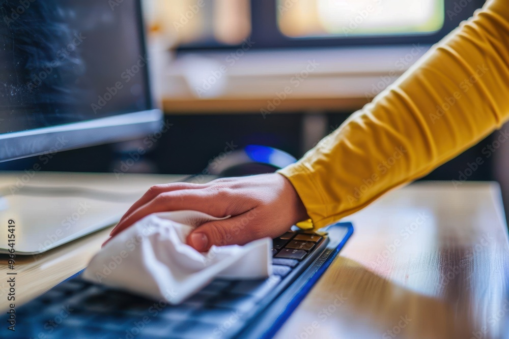 Woman cleaning computer desk in office Woman cleaning computer desk in ...