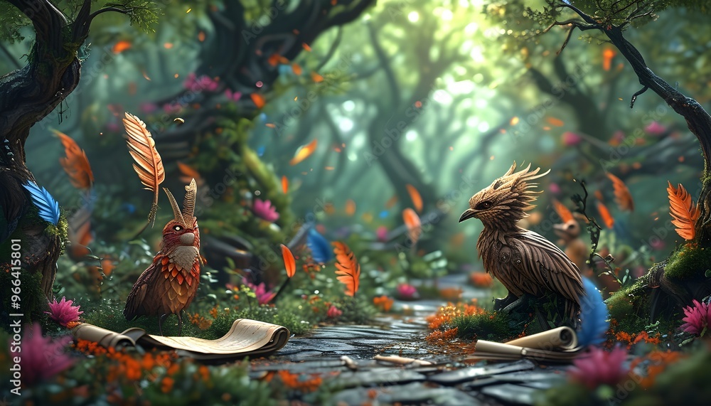 Enchanted forest filled with hidden educational treasures like scrolls ...