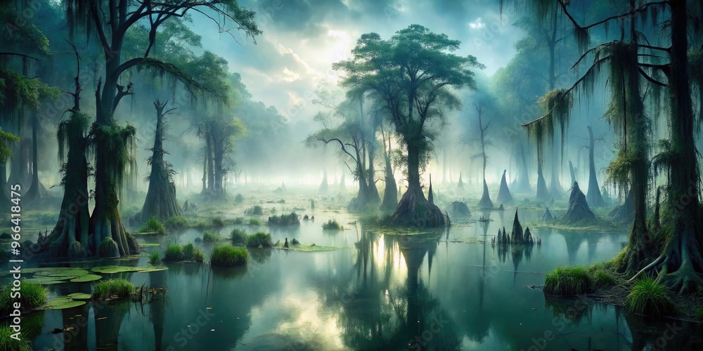 Dense, Murky Swamp With Ethereal Mist Rising From The Water'S Surface ...