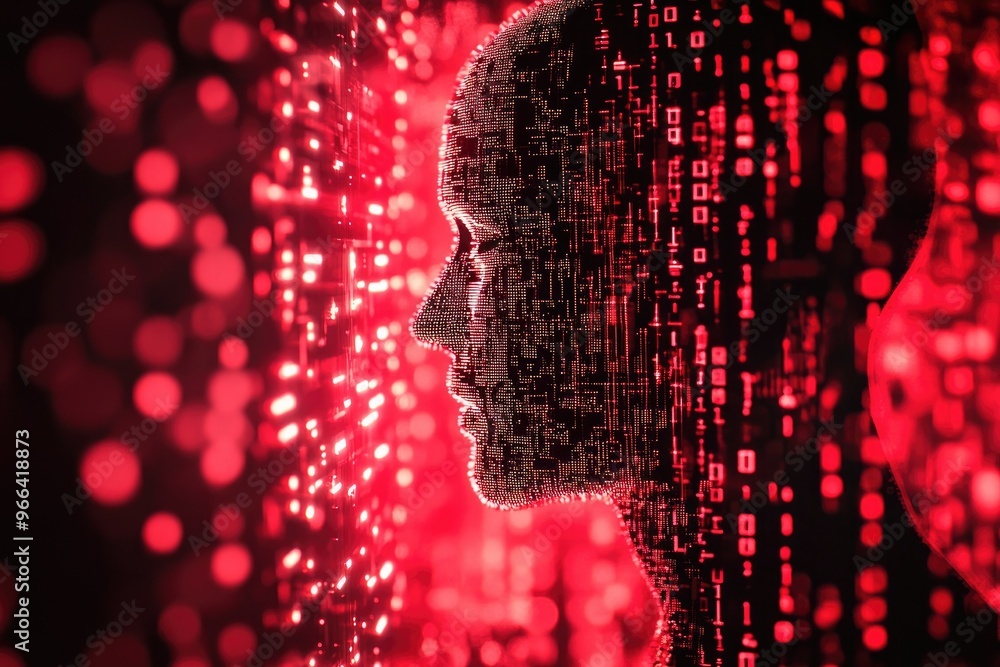 Red matrix code with a digital human head silhouette, AI technology ...