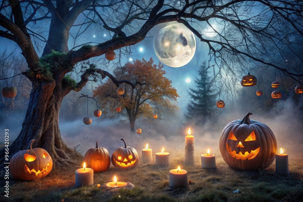 Eerie autumn twilight scene with glowing jack-o'-lanterns, twinkling ...