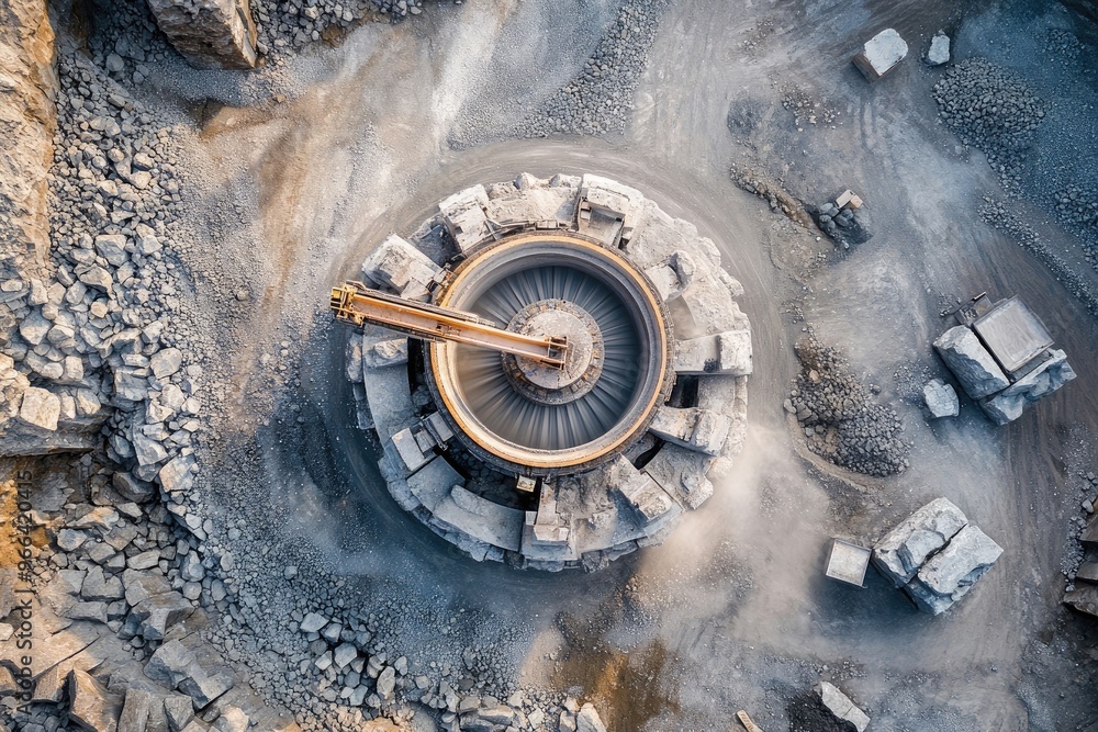Top-down view of a stone grinder in a sprawling quarry, with a close-up ...