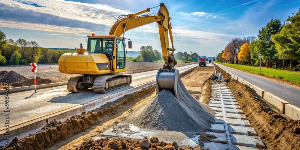 Excavator adding cement mixture to freshly dug trench alongside newly ...
