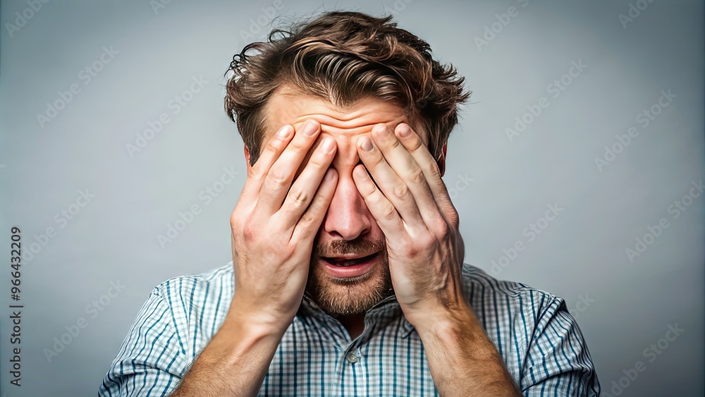 Frustrated individual with hands covering face, eyes closed, and ...
