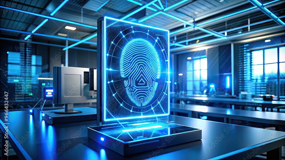 Futuristic scanner device with glowing blue lines and screens ...