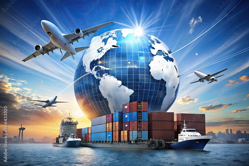 Globe-shaped icon with shipping containers and cargo planes in motion ...
