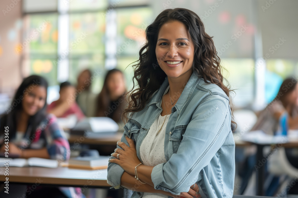 Hispanic female teacher with teenage students in the class. Woman is ...