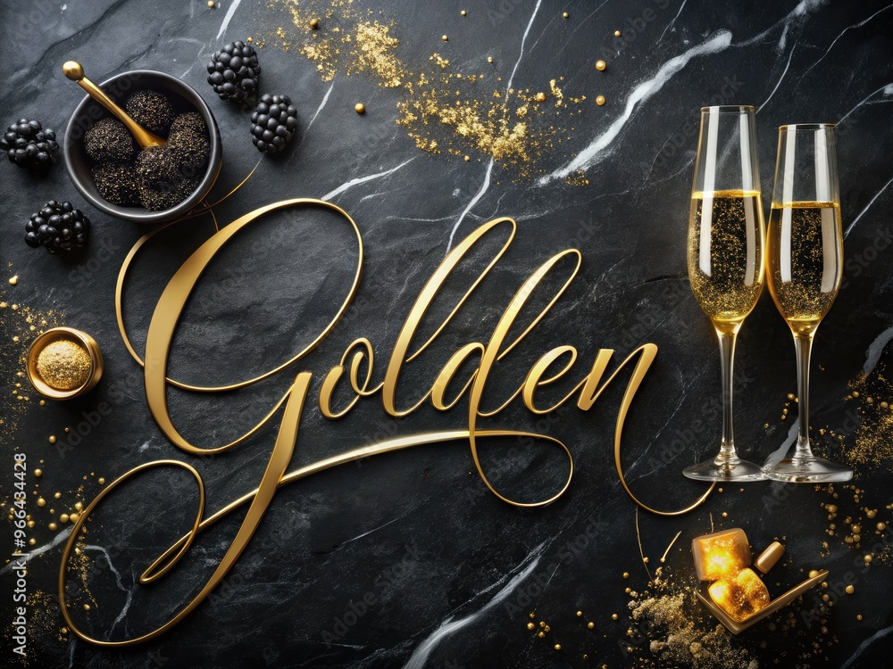 Golden script font gleams on a sleek, black marble background ...