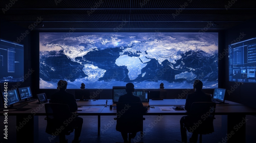 A high-tech control room displays a global map, with operators ...