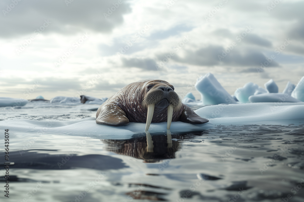 Adult Walrus With two large tusks visible on an islet of ice separated ...