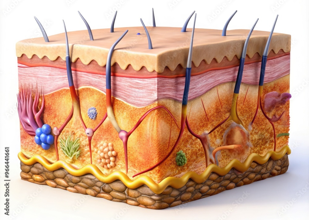 Illuminated 3D anatomical illustration of human skin layers, showcasing ...
