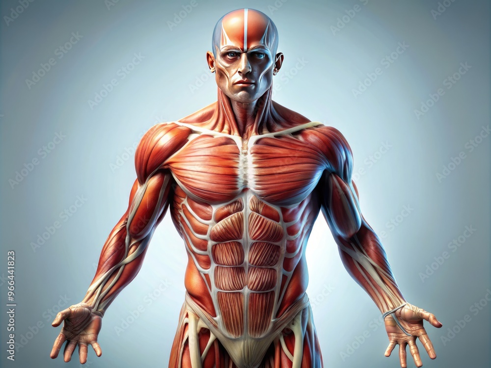 Illuminated anatomical illustration of a muscular male body with ...