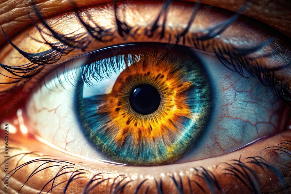 Illuminated macro vision of a human eye with anatomical labels ...