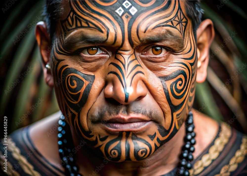 Intricate traditional MÄ ori ta moko facial tattoos adorn a strong ...