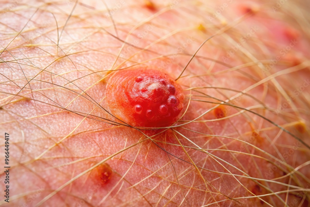 Macro shot of a red, swollen, and inflamed carbuncle on human skin ...
