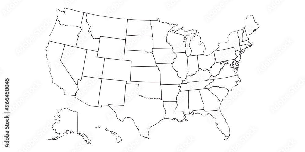 Photo State-by-state vector divided map of the United States of America ...