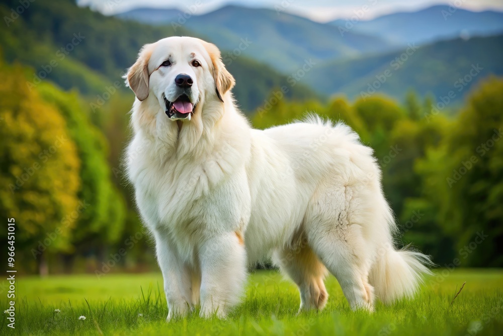 Majestic Great Pyrenees dog with a rare black coat stands proudly in a ...