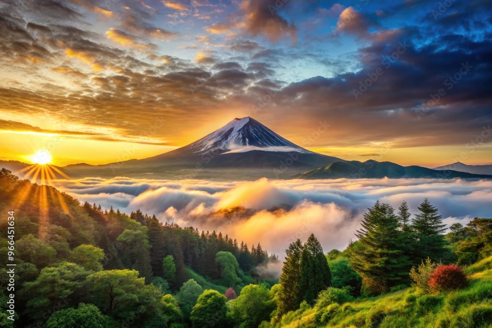 Majestic sunrise illuminates towering Mount Fuji's snow-capped peak ...