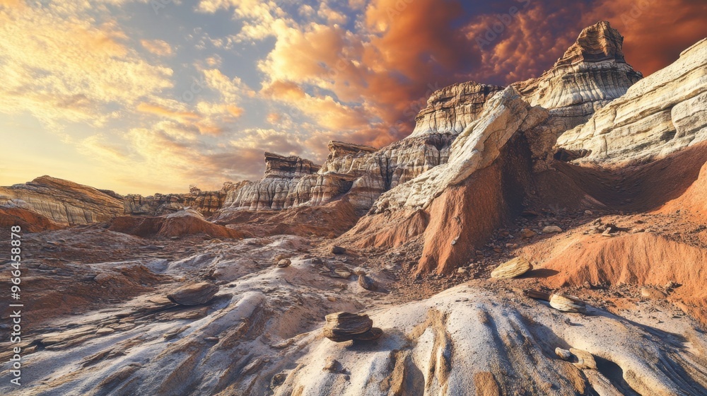 Epic landscape featuring towering sedimentary rock formations against a ...