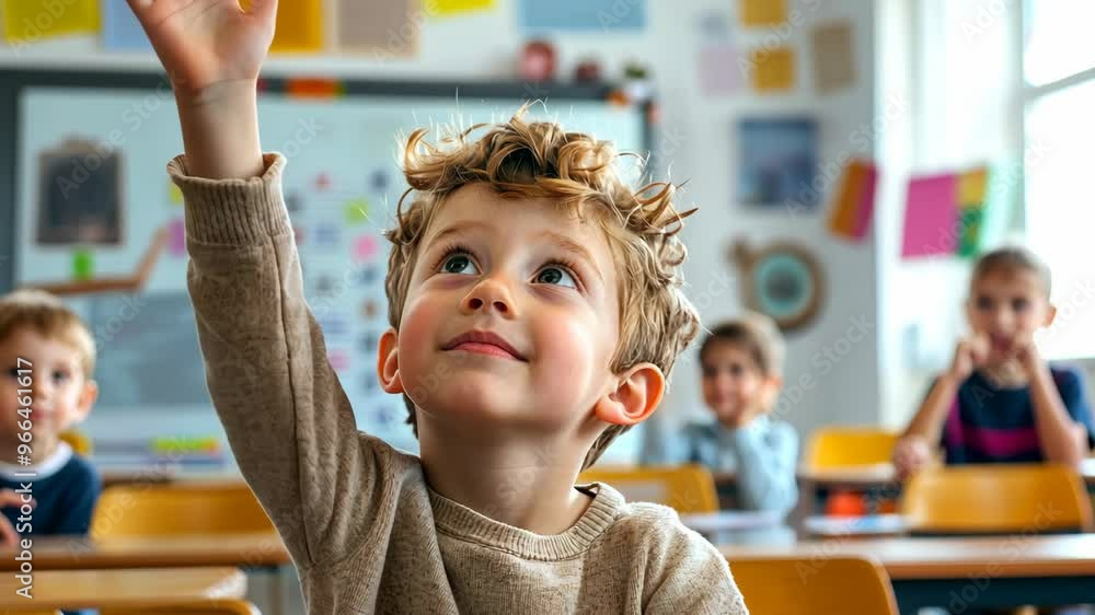 Young child eagerly raising hand in classroom while peers look on ...