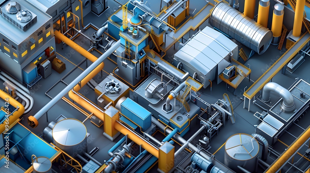 Detailed overview of a modern industrial factory with intricate piping ...