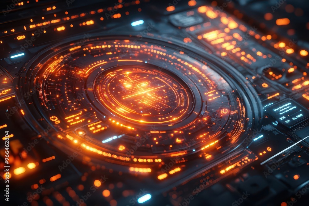 holographic command center interface data streams futuristic ui elements glowing circuit ...