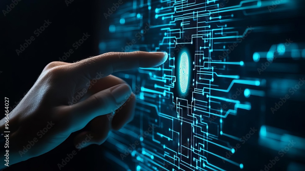 Cybernetic finger touching a digital screen with a visible fingerprint ...