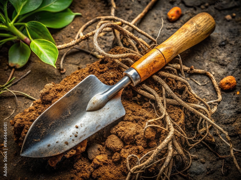 Rustic wooden spadle with worn handle and curved blade, surrounded by ...