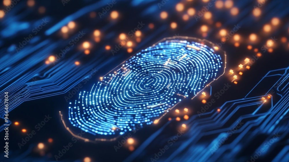 Fingerprint with digital elements like circuit paths and data nodes ...