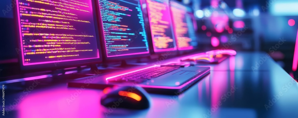 Augmented reality coding, digital developers, neon syntax highlighting, futuristic workspace ...