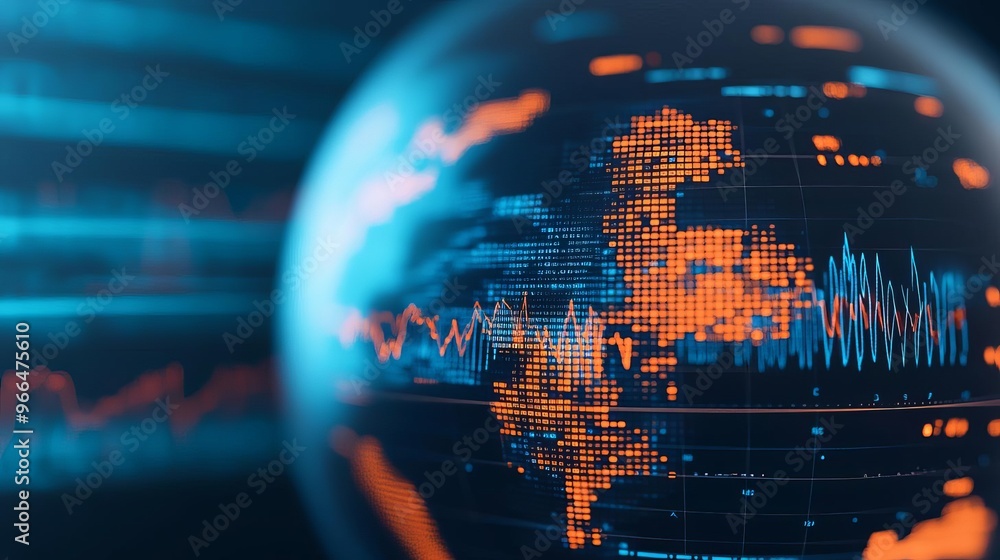 Holographic globe displaying climate data trends with animated graphs ...