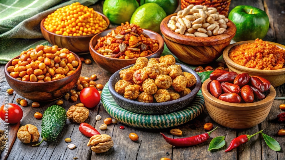 Vibrant colorful array of traditional Mexican snacks, including crunchy ...