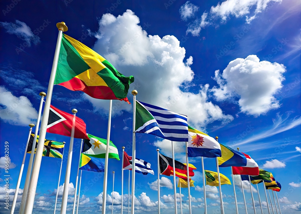 Vibrant national flags of various Caribbean islands waving in the ...