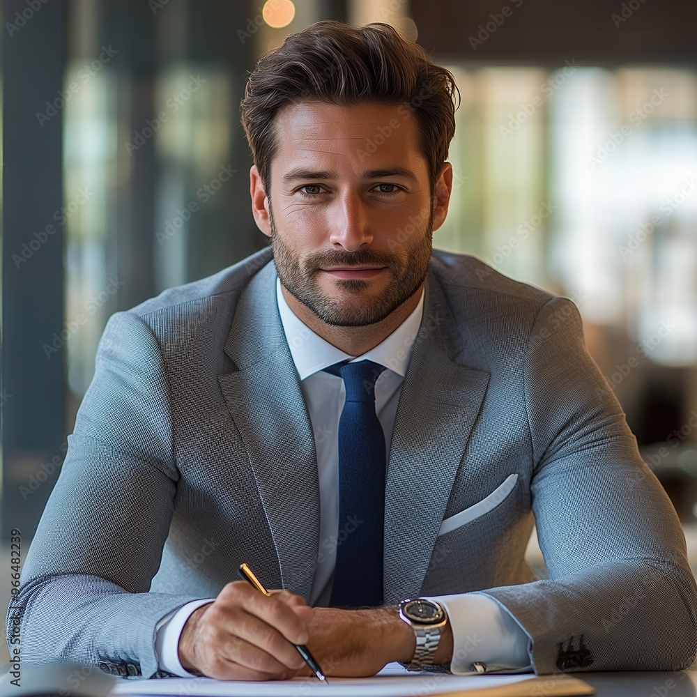 Business man portrait signing documents at a desk, smiling confidently ...