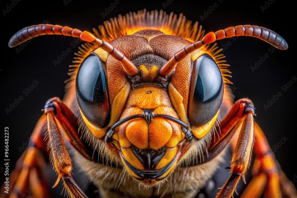 Vibrant orange and black striped hornet's intricate facial features ...