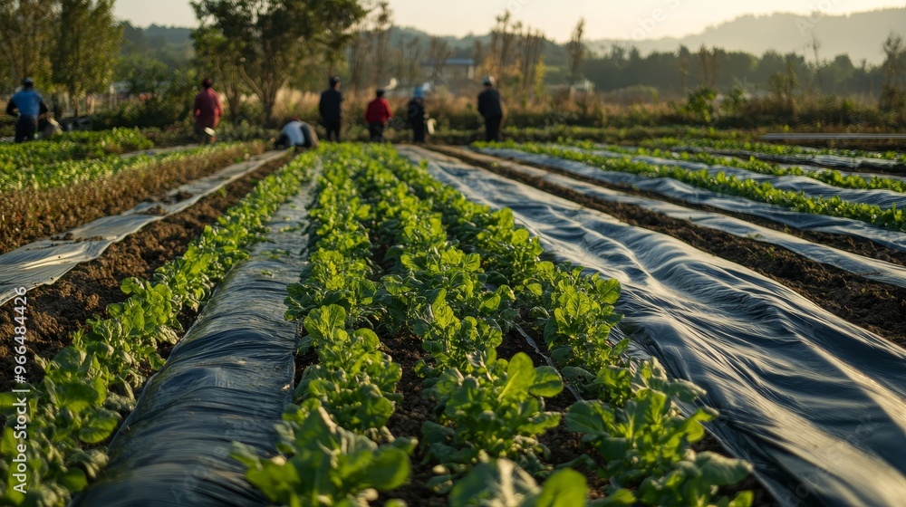 Rows of organic crops growing on a farm with workers in the distance ...