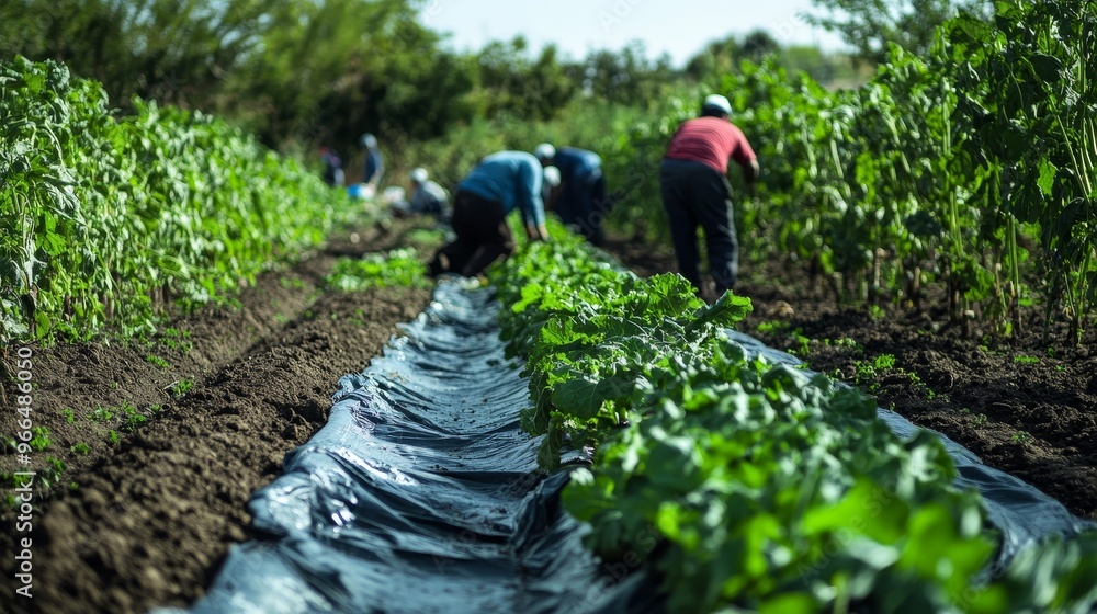 Organic farm with rows of green plants covered in mulch, showcasing ...