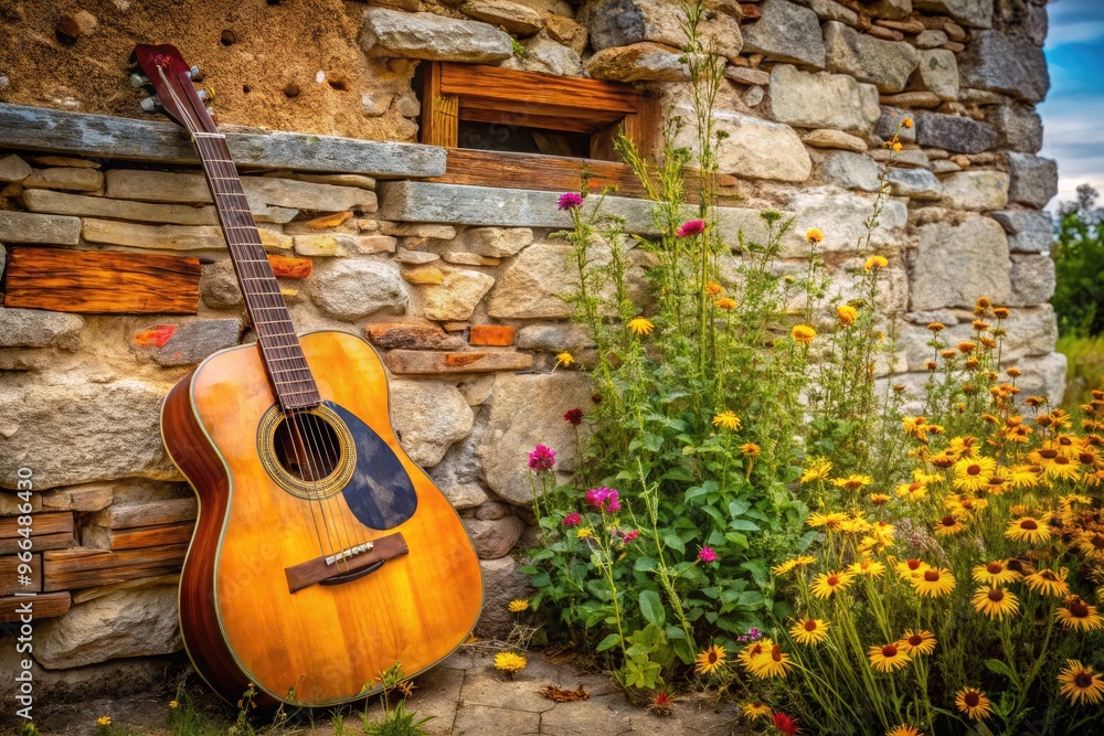 Vintage guitar leaned against worn stone wall amidst southern ...