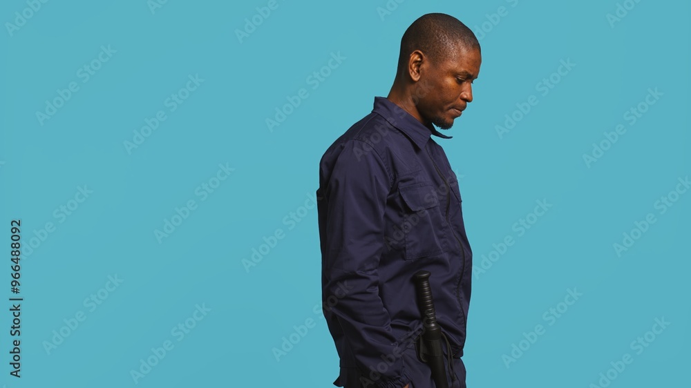 Bored security guard preventing criminal activity, patrolling around ...