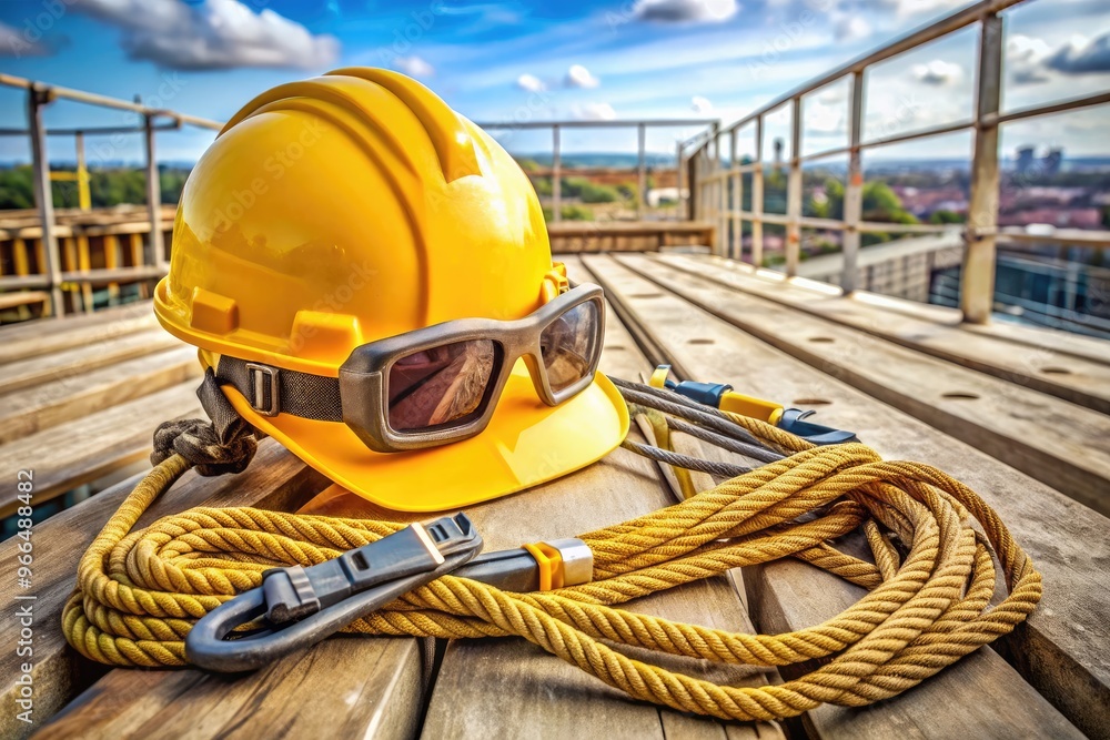 Yellow hard hat, safety goggles, harness, rope, and anchorage system ...
