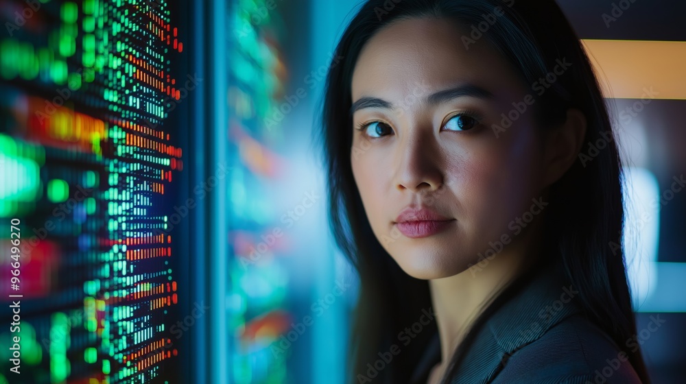 Data scientist is working in a data center, standing next to a server rack with flashing lights ...