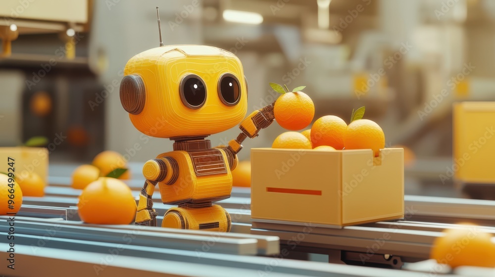 Cartoon Robot AI assistant with the orange conveyor industry plant ...