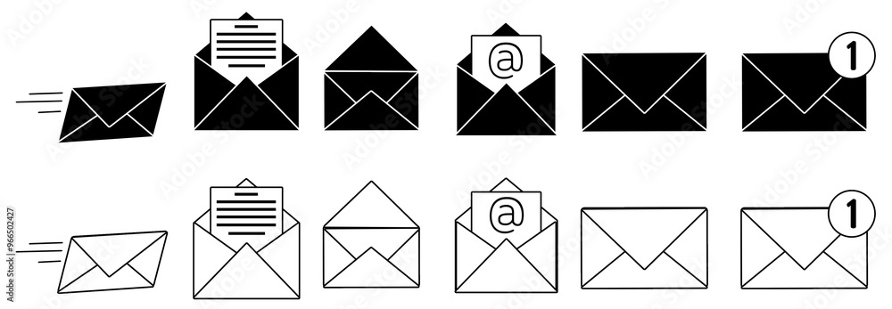 Email message icon set. Email, mail and letter envelope icon ...