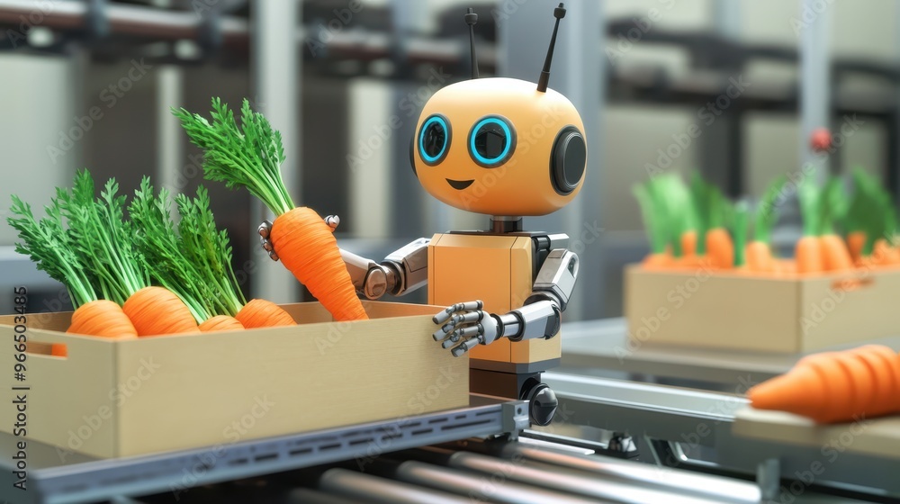 Cartoon organic carrot belt and AI robot hand in line production ...