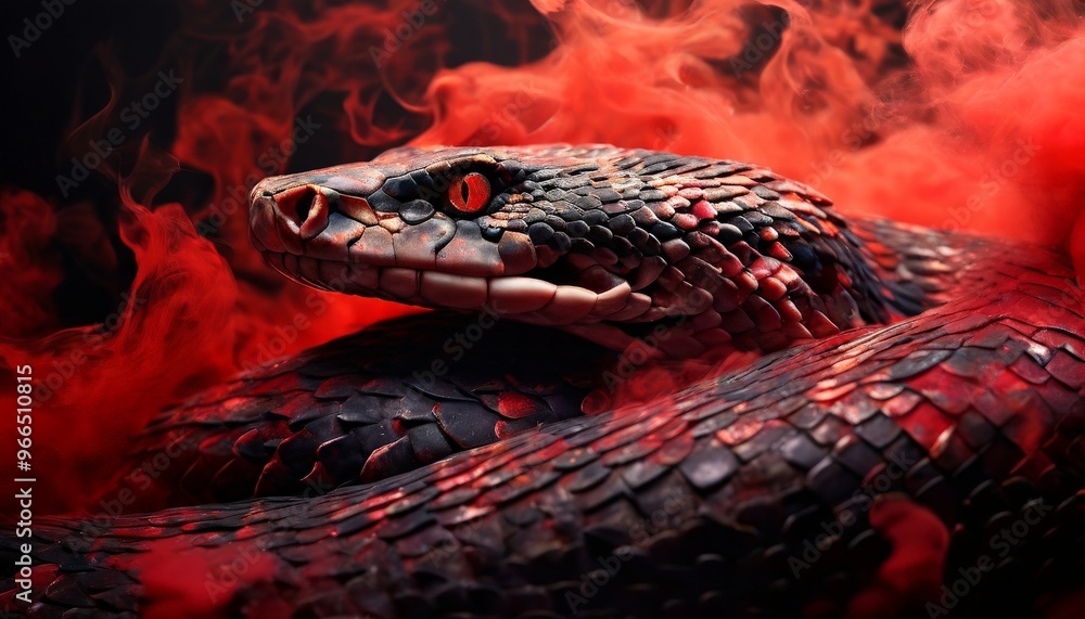Captivating close-up of a black snake coiled amidst swirling red smoke ...