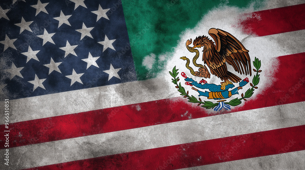 Distressed American and Mexican flags on a grunge textured background ...